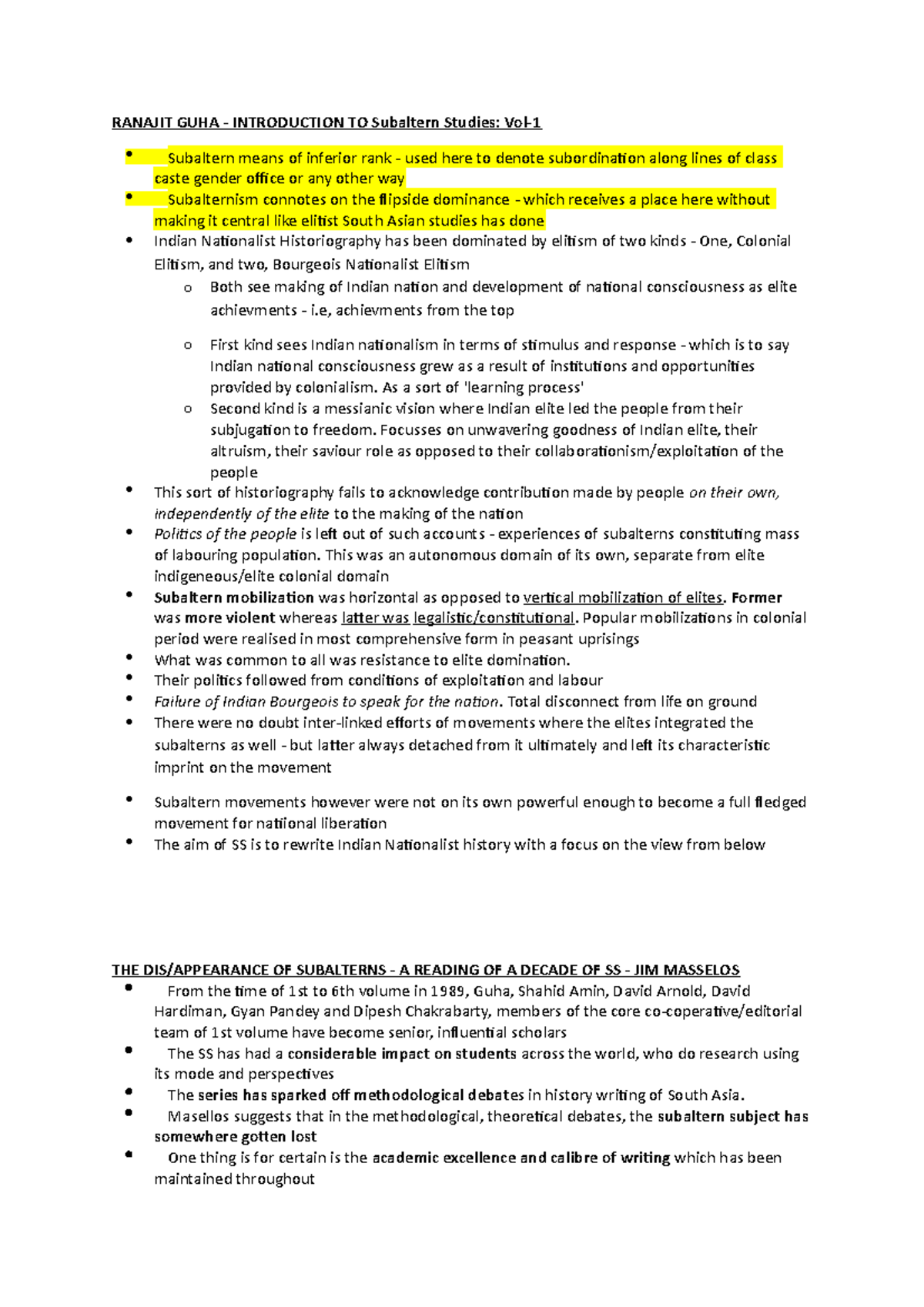 Subaltern Perspective - A summary for exam purposes - RANAJIT GUHA ...