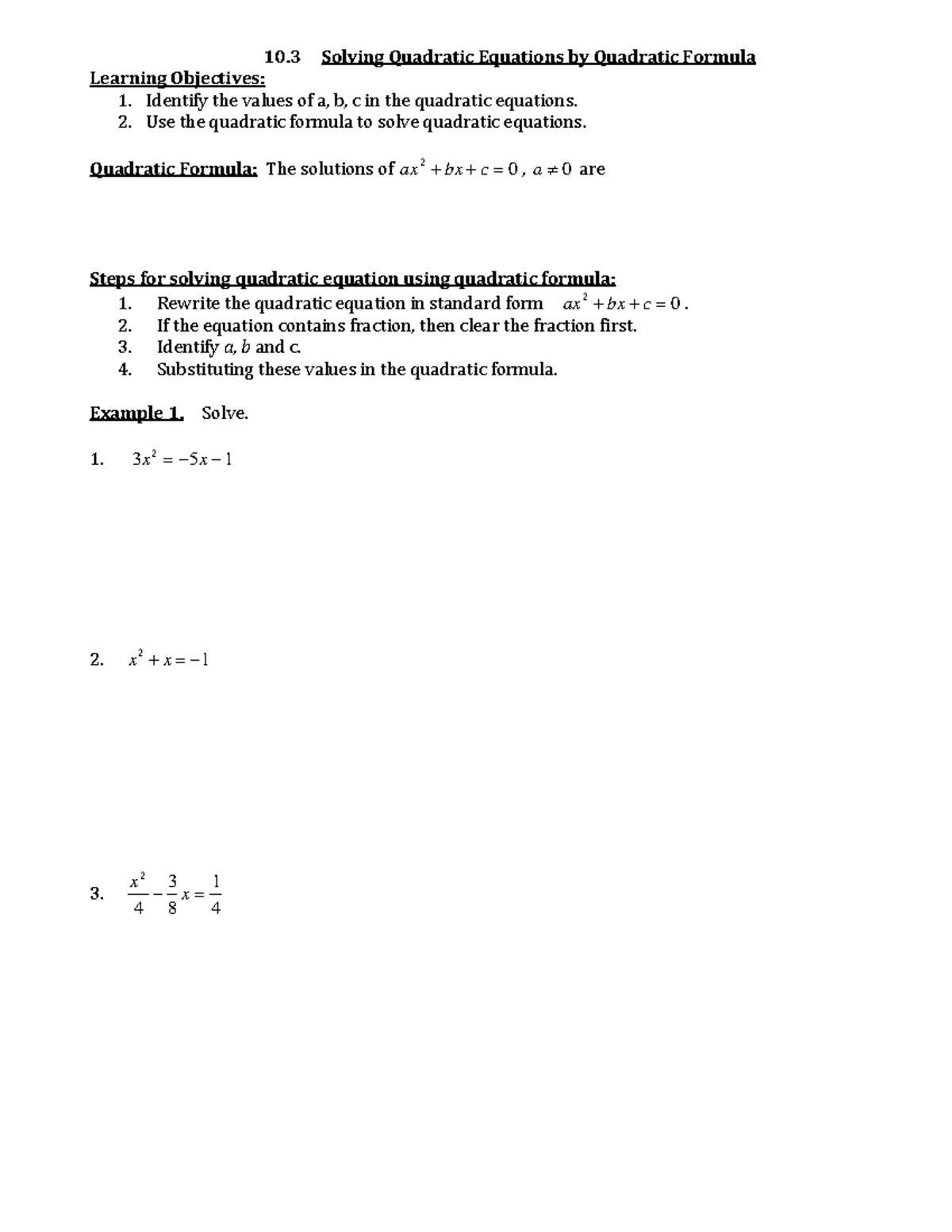 10.3 Solving Quadratic Equation By Quadratic Formula - 10 Solving ...