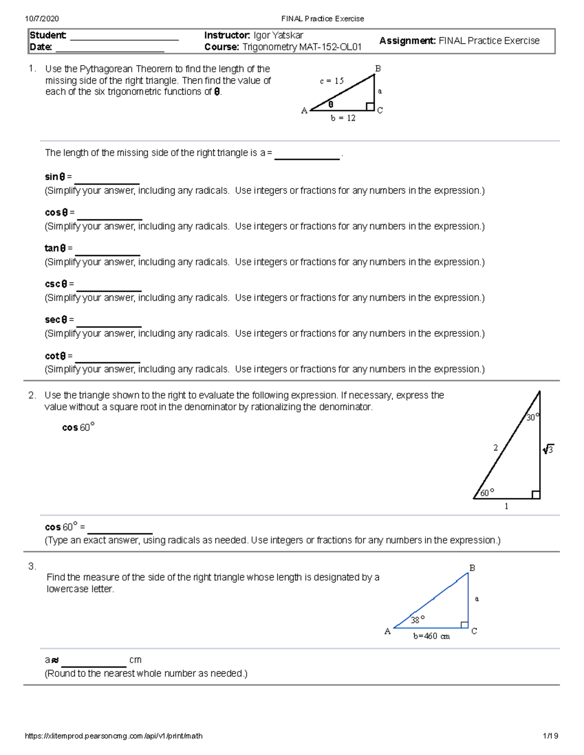 Final Practice Exercise - 1. 2. 3. Student: _____________________ Date