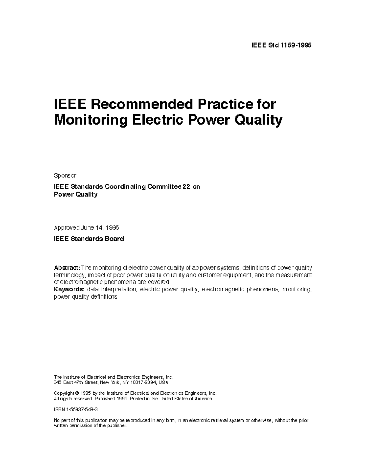 ANSI IEEE STD 1159 1995 Monitoring Electric Power Quality - The ...