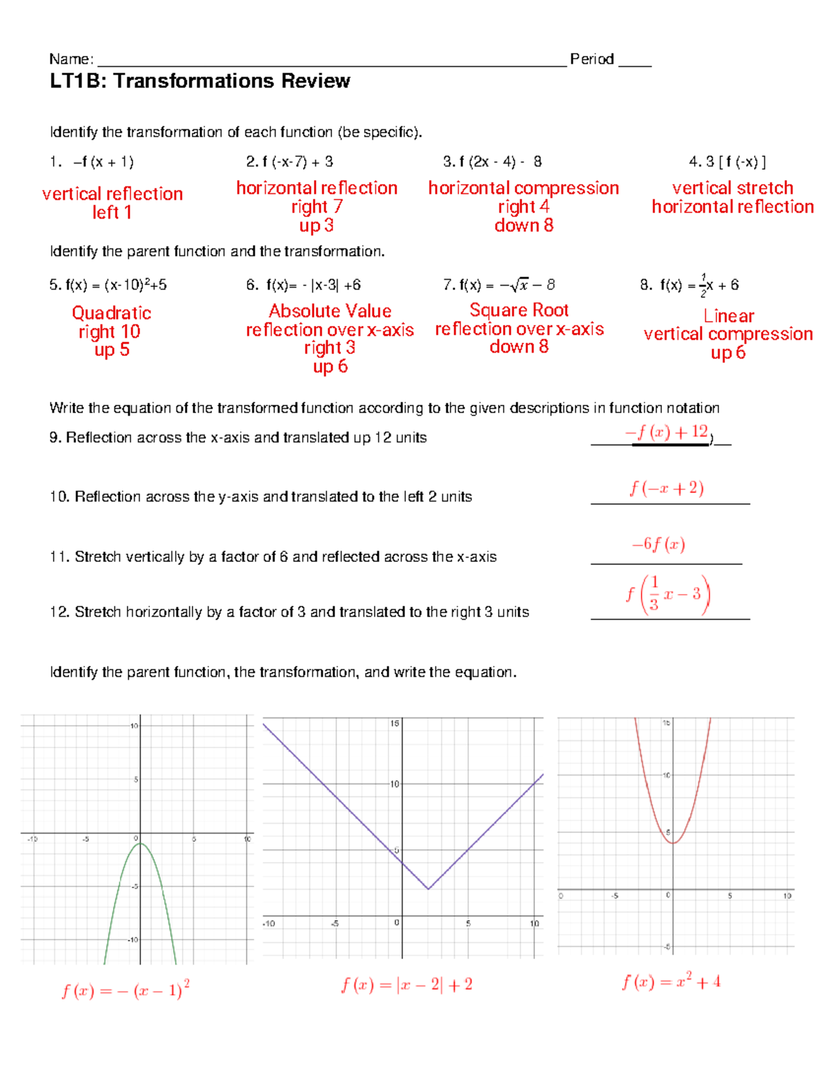 Alg 2 LT1B Review HW Answers - Name