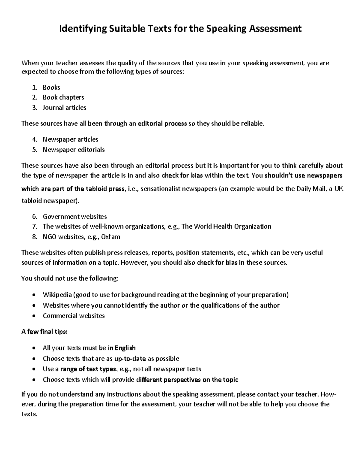 Identifying suitable sources for the speaking test - Identifying ...