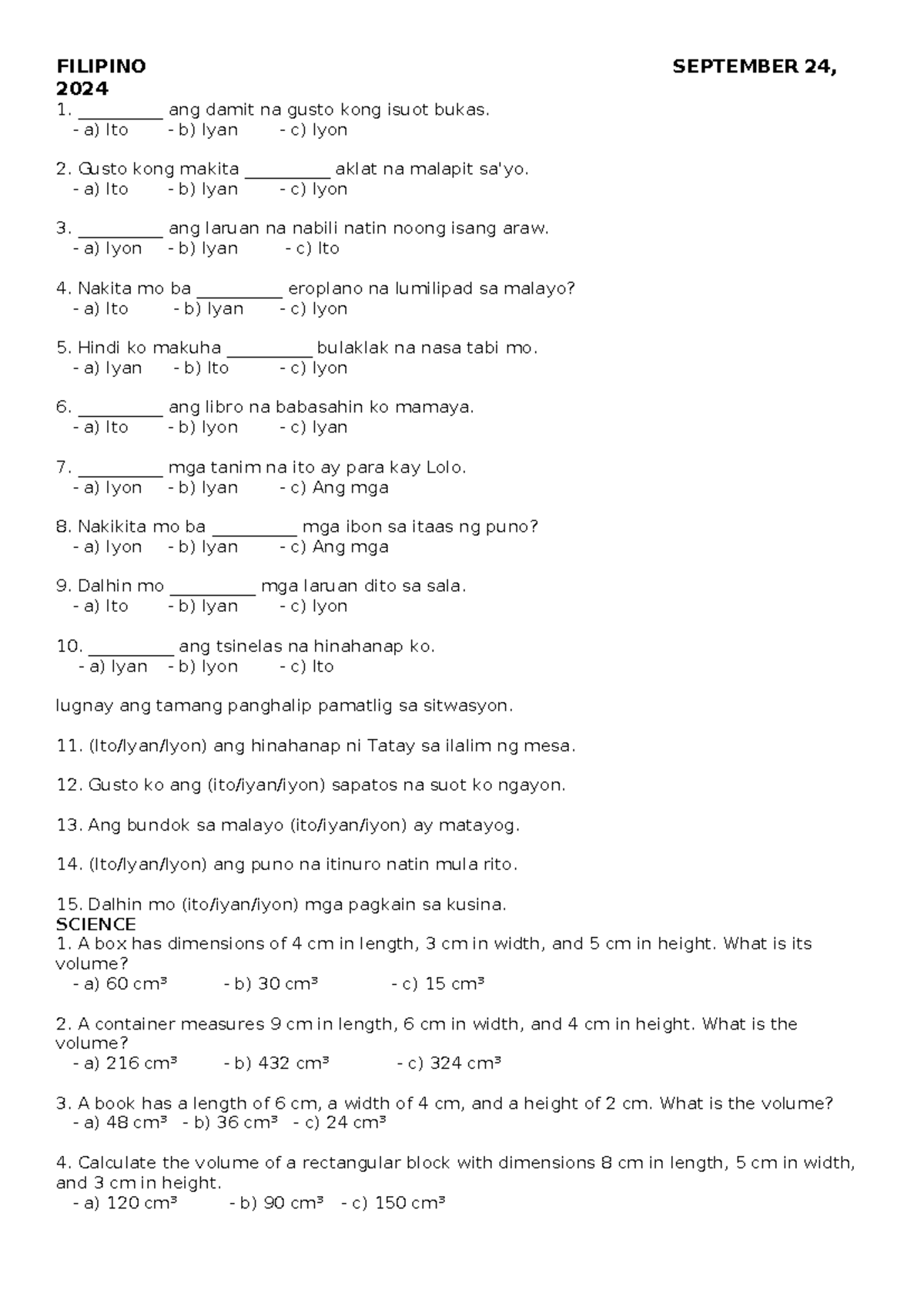 Grade 4 September 20 - Review paper. - FILIPINO SEPTEMBER 24, 2024 1 ...