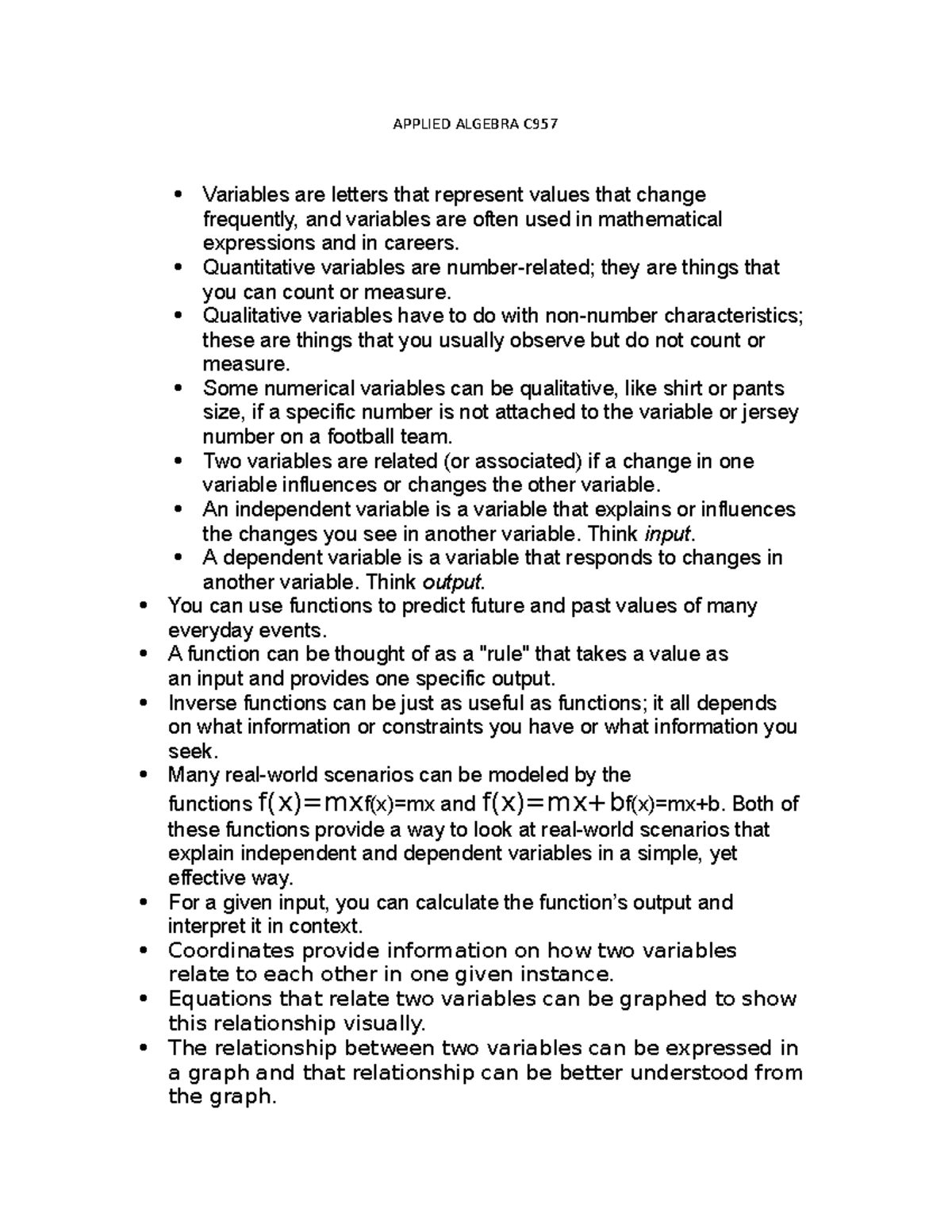 Applied Algebra C957 - notes - APPLIED ALGEBRA C Variables are letters ...
