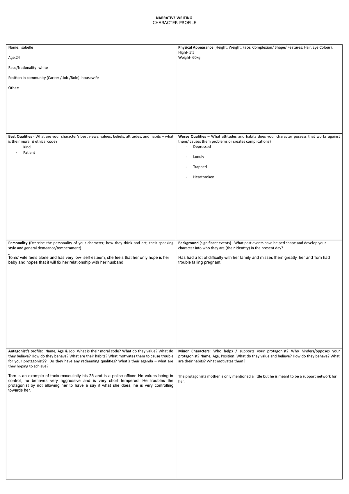 Protagonist Planning Tool - NARRATIVE WRITING CHARACTER PROFILE Name ...