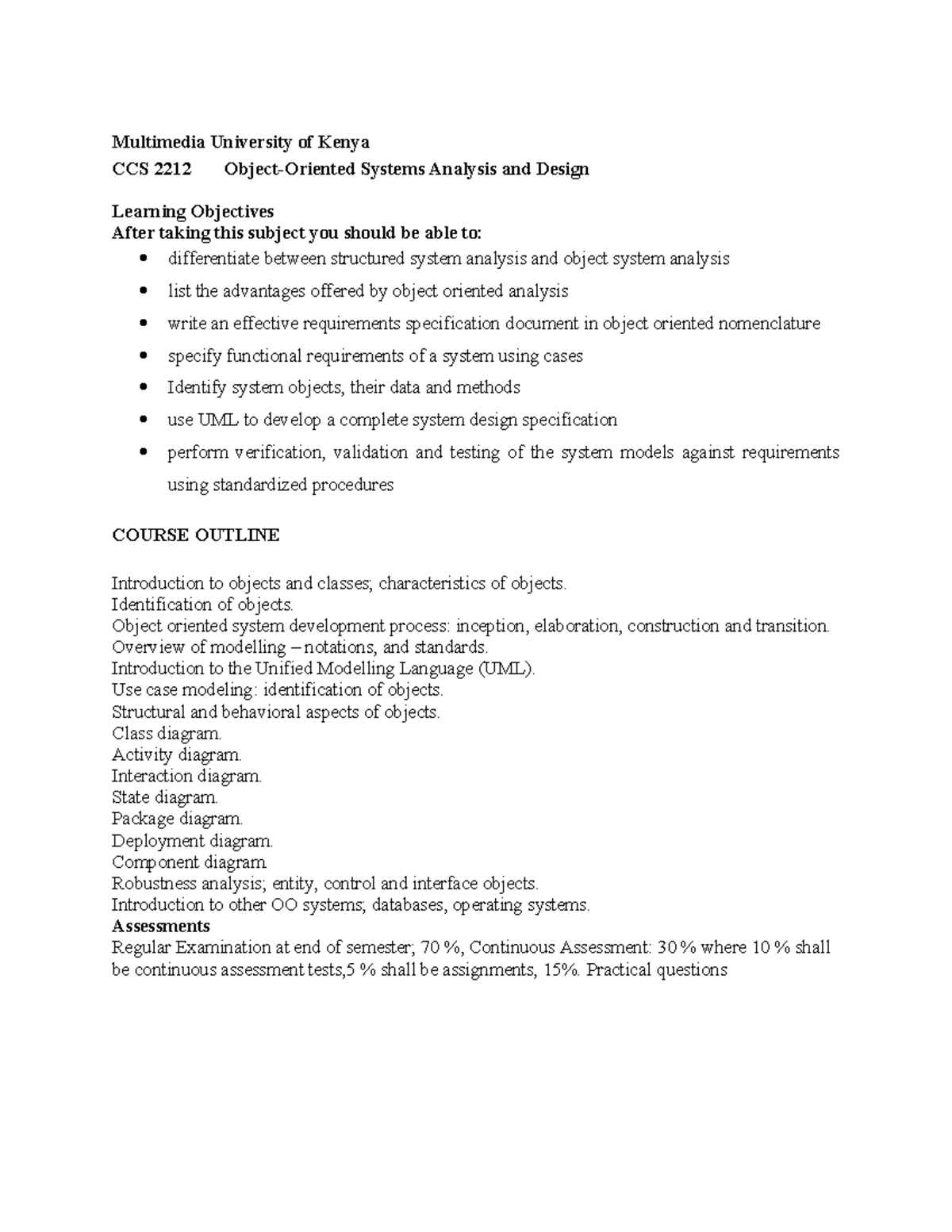 CCS2212 Oosad Course Outline - Multimedia University of Kenya CCS 2212 Object-Oriented Systems ...