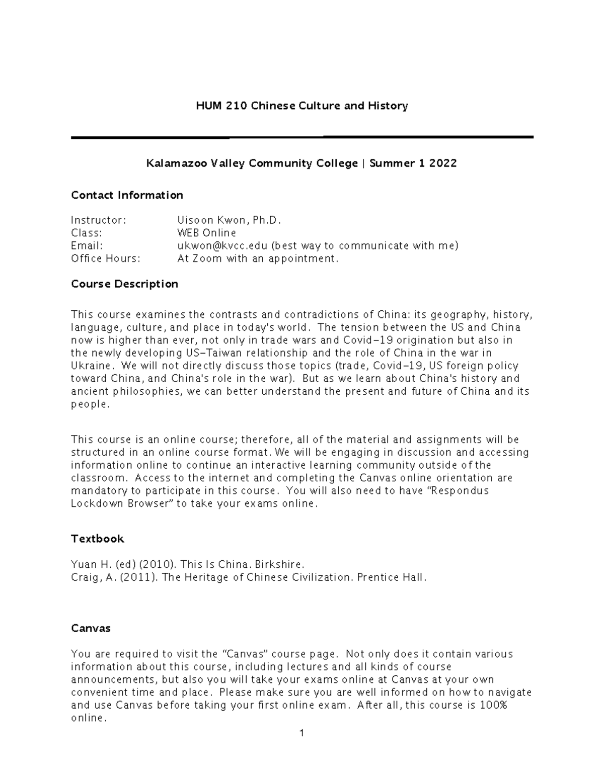 HUM 210 S22 Syllabus - HUM 210 Chinese Culture and History Kalamazoo Valley Community College ...