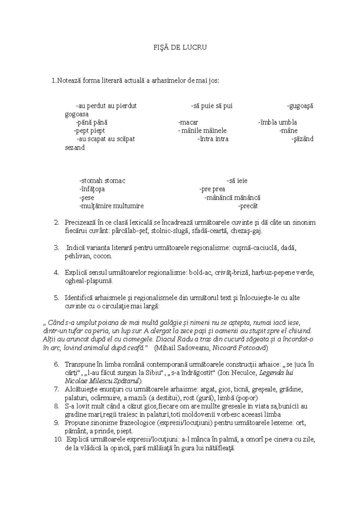 Arhasime-regionalisme fisa de lucru descriere si intelegere la nivel ...