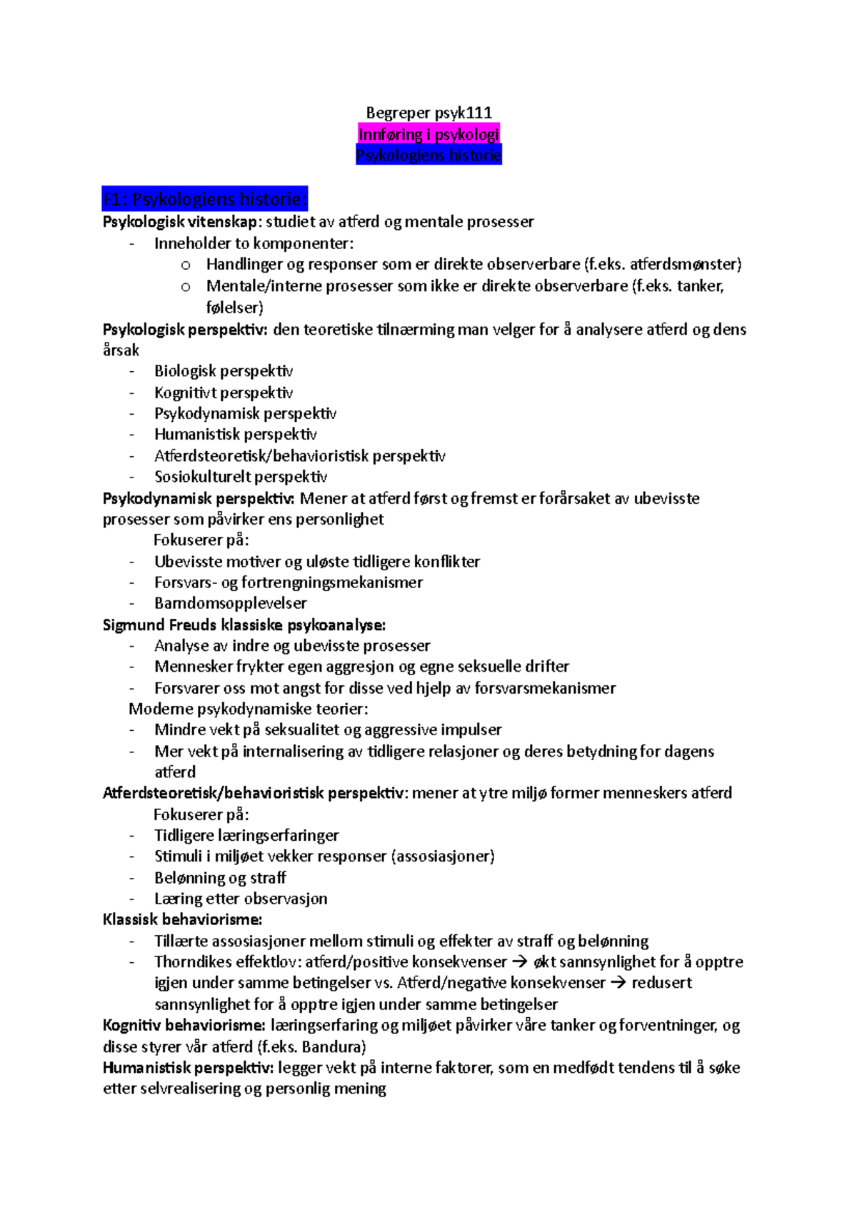 Begreper psyk111 - Begreper psyk Innføring i psykologi Psykologiens ...