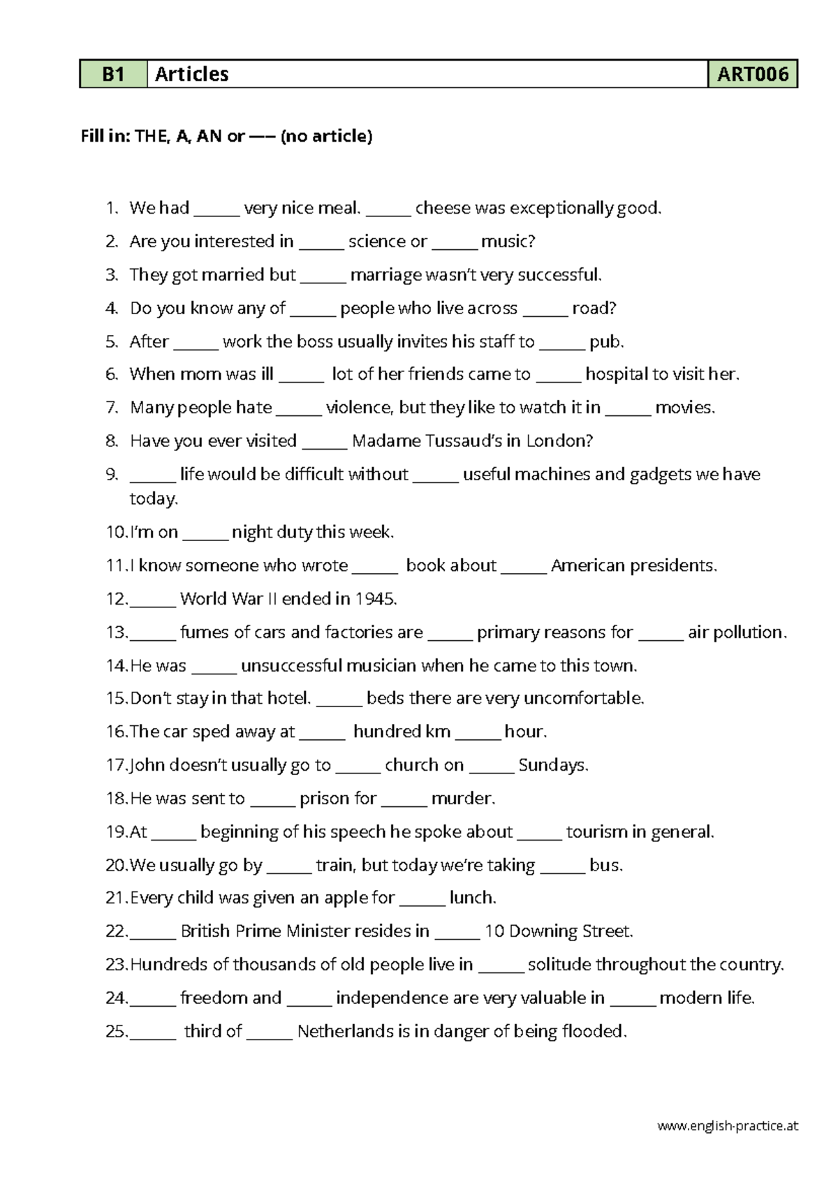 Art006 definite and indefinite articles - english-practice B1 Articles ...