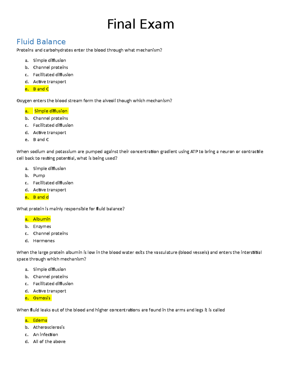 Final Exam - Final Exam Fluid Balance Proteins and carbohydrates enter ...