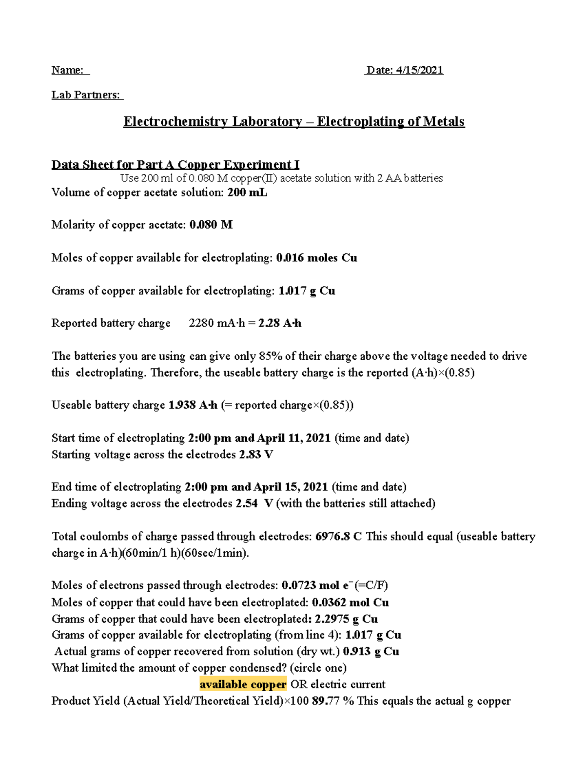 Electroplating of metals - Name: Date: 4/15/ Lab Partners ...