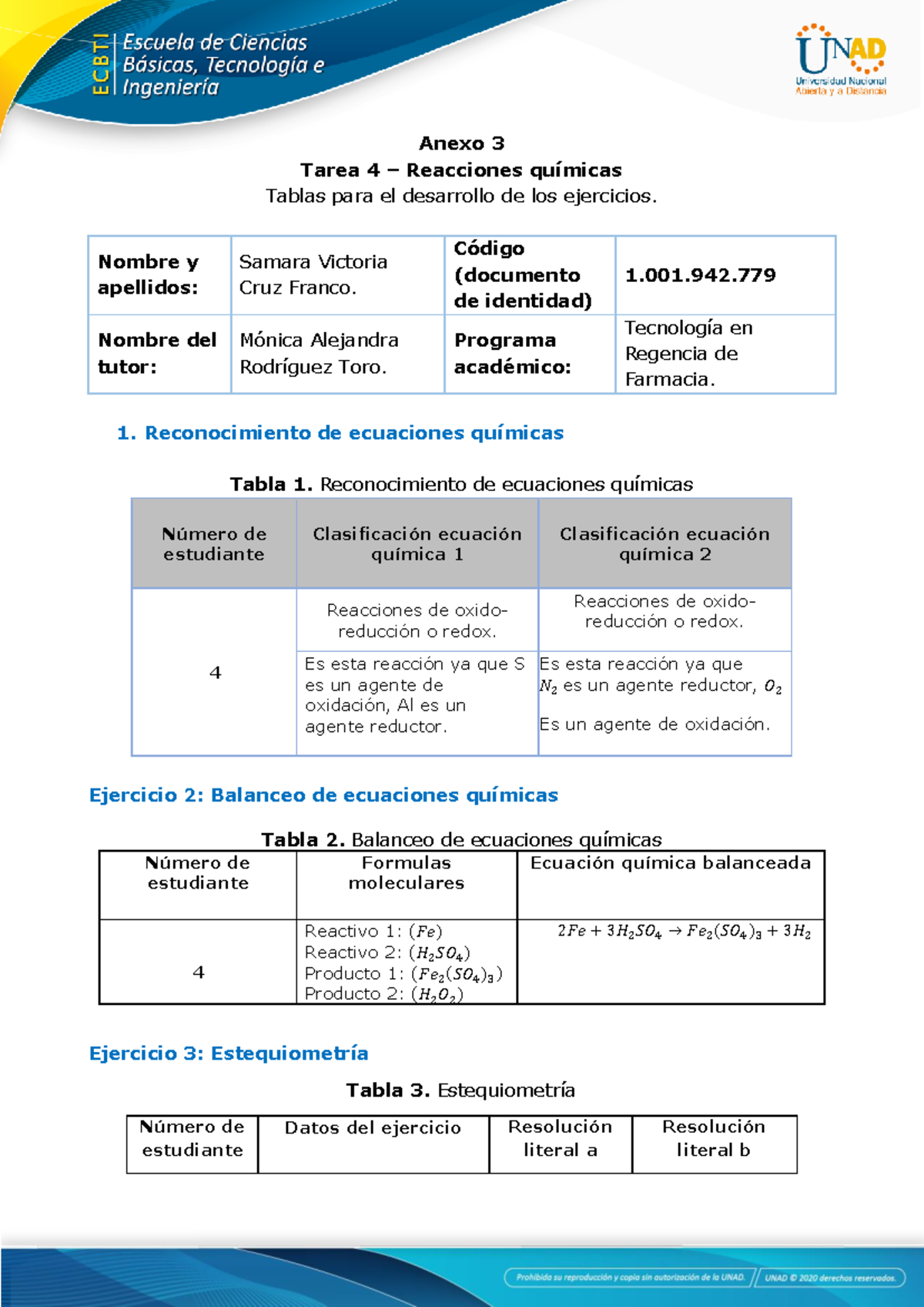 Anexo 3.Tarea 4- Reacciones Quimicas - Anexo 3 Tarea 4 – Reacciones químicas Tablas para el ...
