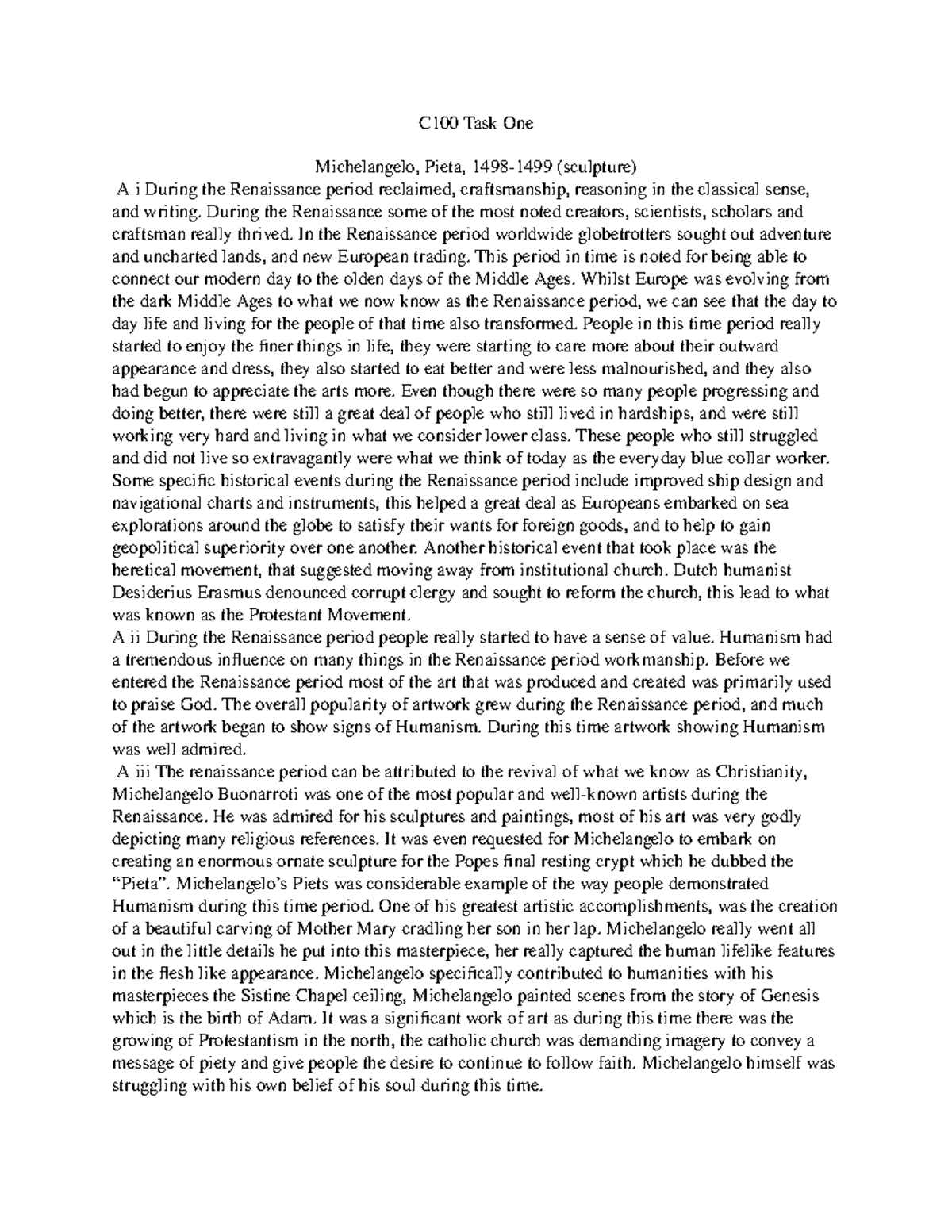 Humanities C100 Task One - C100 Task One Michelangelo, Pieta, 1498-1499 ...