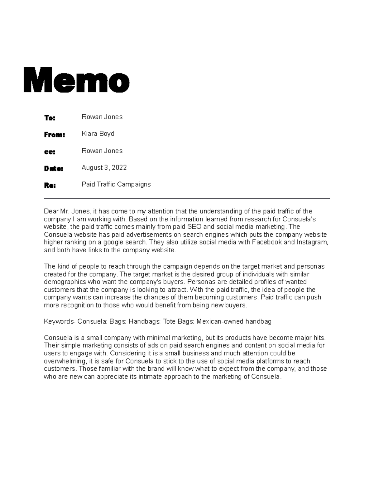 Adms5 - Paid Traffic Campaigns Paper - Memo To: Rowan Jones From: Kiara ...