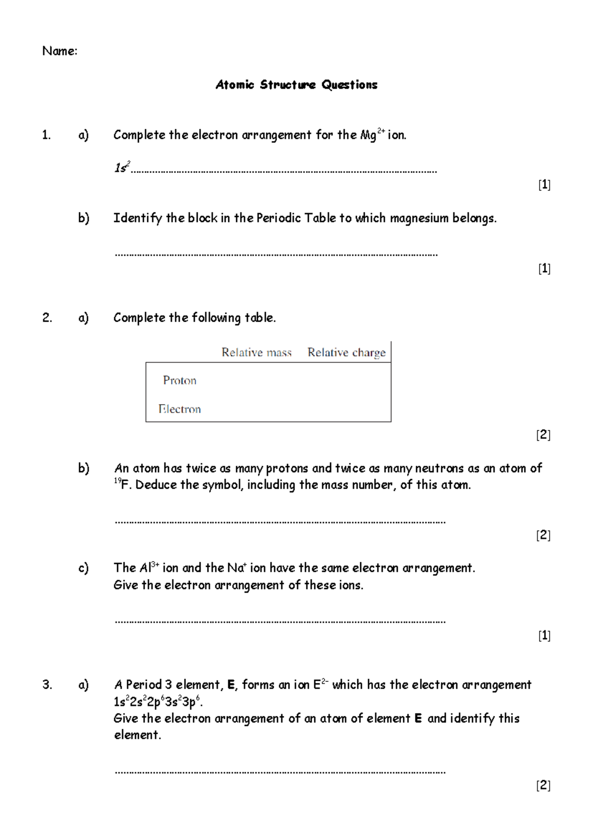 Atomic Structure Homework - Name: Atomic Structure Questions a ...