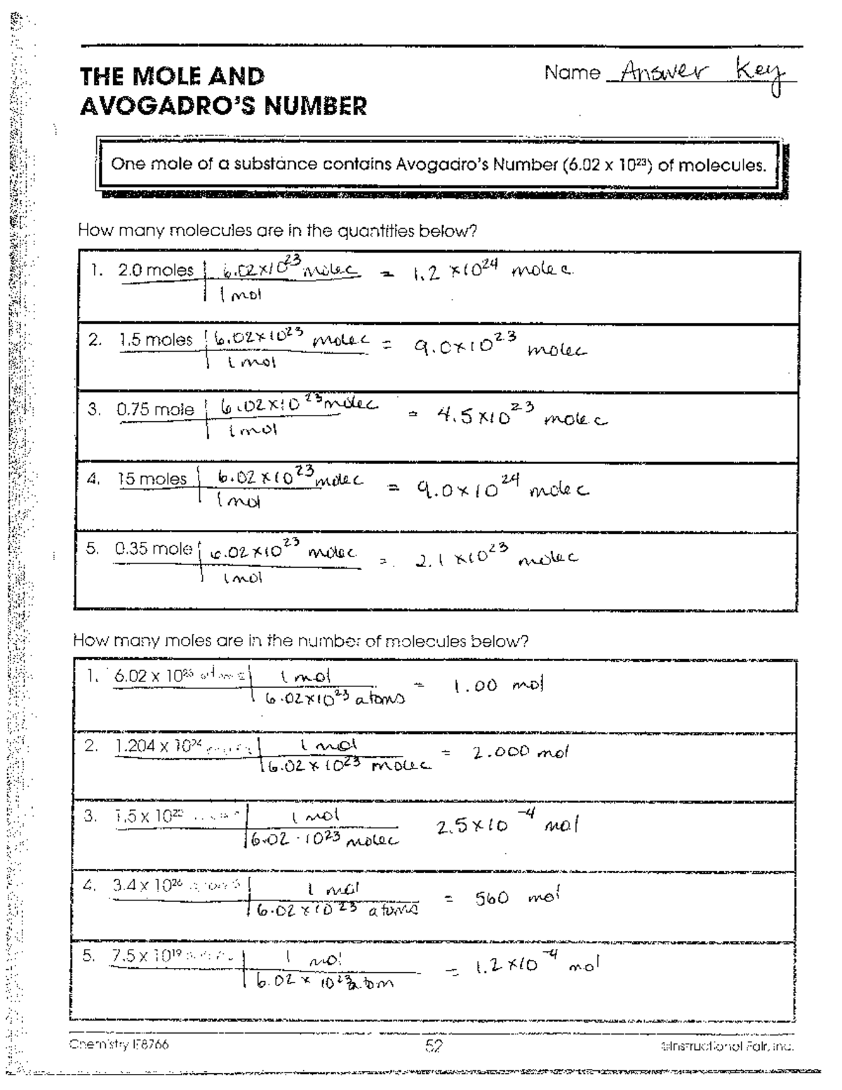 Mole packet answers - Avogadro's Number Worksheets - THE MOLE AND Name Answer Key NUMBER One ...