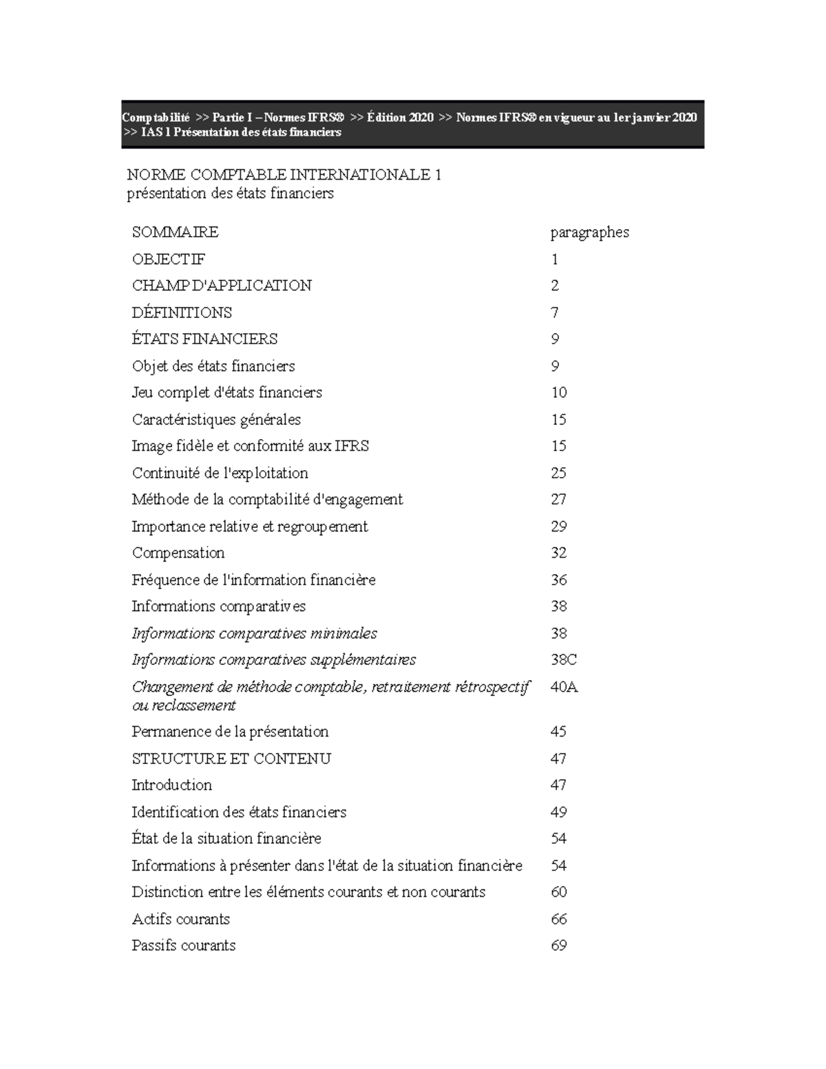 Norme IAS 1 2020 - IAS 1 Présentation des états financiers présentation ...
