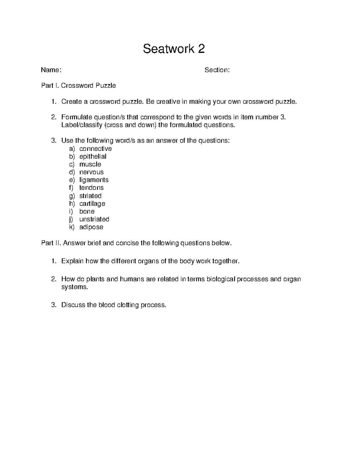 NS4 Seatwork 2 - ... - Seatwork 2 Name: Section: Part I. Crossword ...