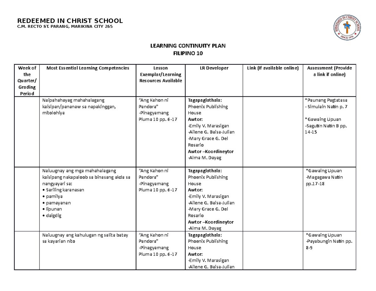 FIL10- LCP - LCP - REDEEMED IN CHRIST SCHOOL C. RECTO ST. PARANG ...