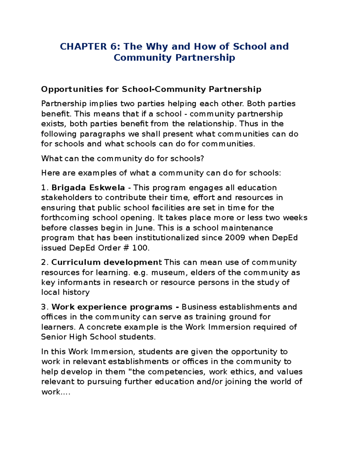 Chapter 6 The Why and How of School and Community Partnership - CHAPTER 6: The Why and How of ...