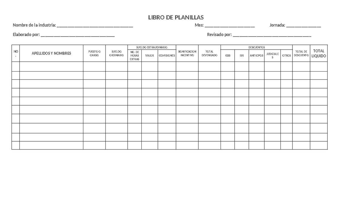 1 - DBAZGF - LIBRO DE PLANILLAS Nombre de la industria: ___________________________________ Mes ...