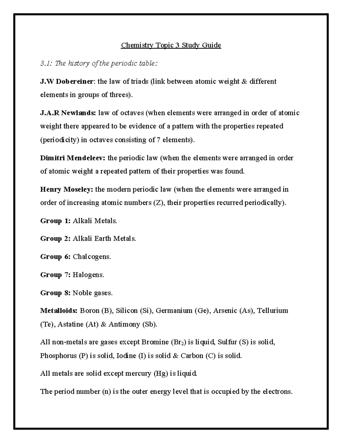 Chemistry Topic 3 Study Guide - Chemistry Topic 3 Study Guide 3: The ...