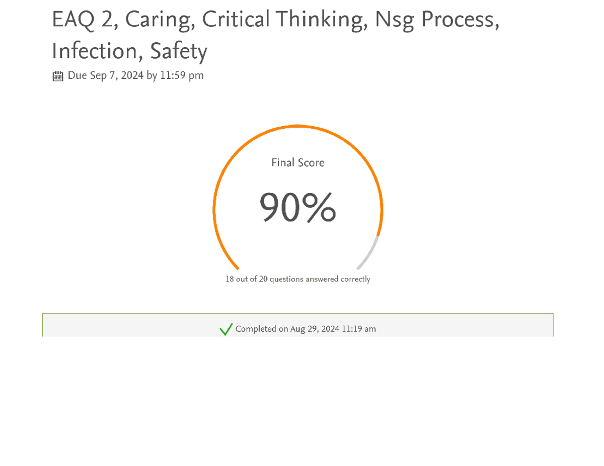 EAQ 2 - WEEKLY EAQ - RNSG-1413 - EAQ 2, Caring, Critical Thinking, Nsg ...