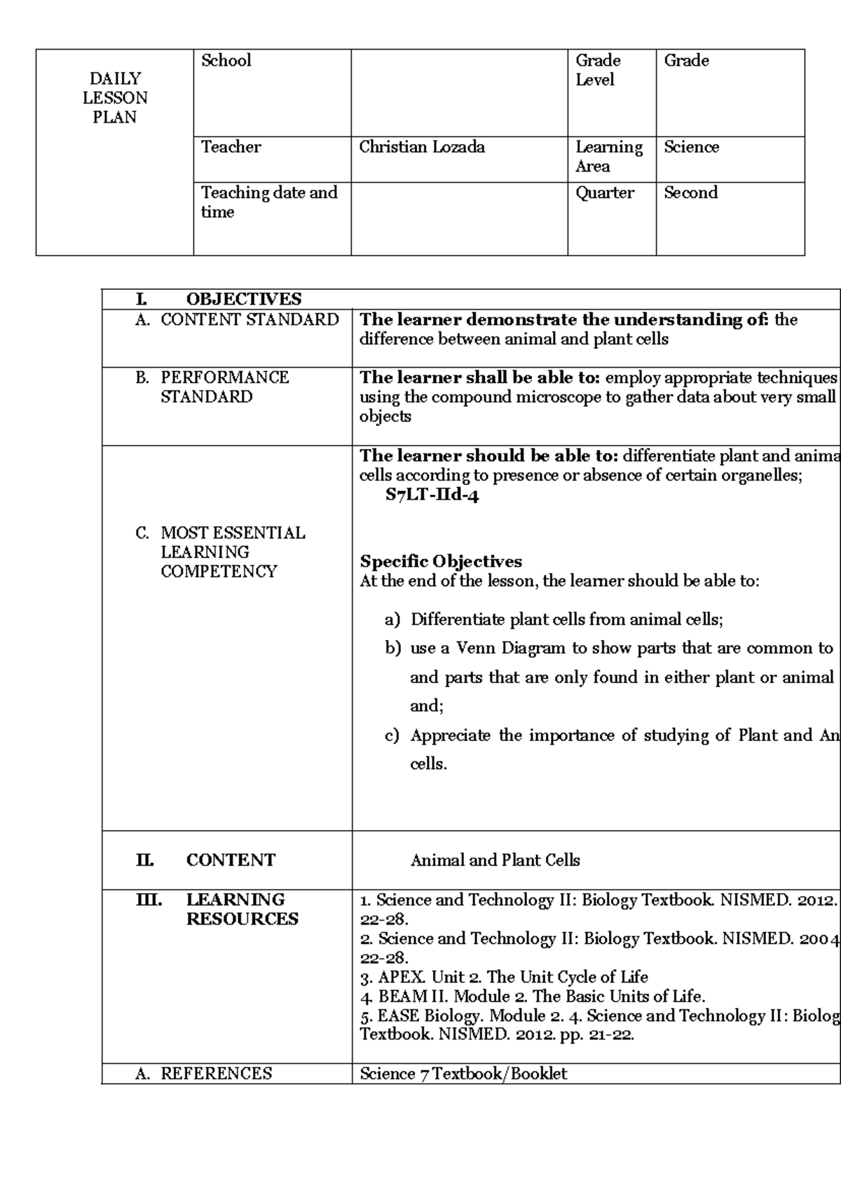 Animal and plant cell lesson plan - I. OBJECTIVES A. CONTENT STANDARD ...