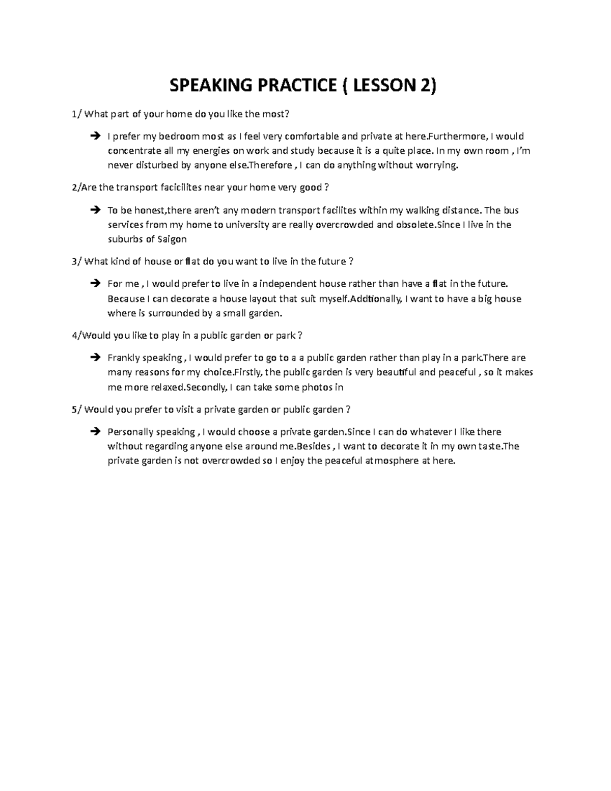 Speaking Practice - đáp án - SPEAKING PRACTICE ( LESSON 2) 1/ What part ...