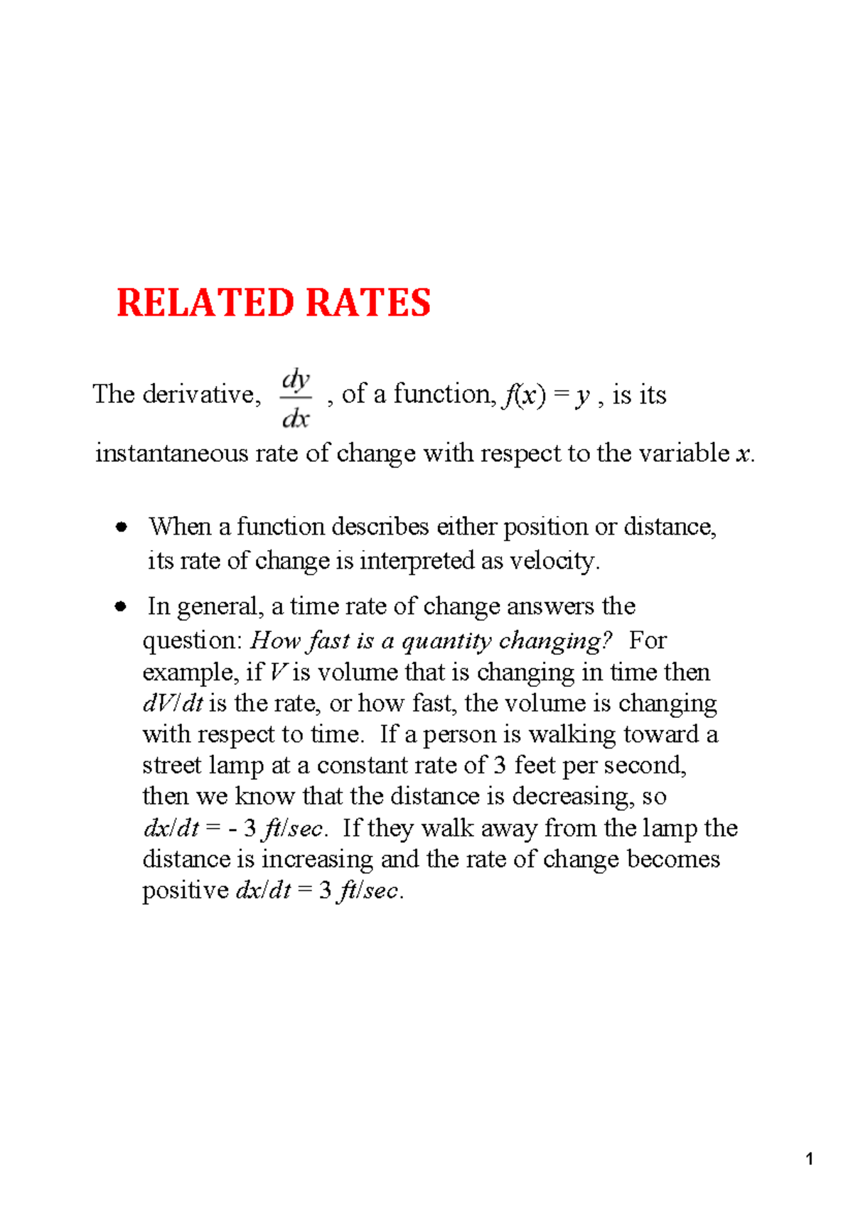 2-6 Related Rates - Lecture notes week2 - The derivative, , of a ...