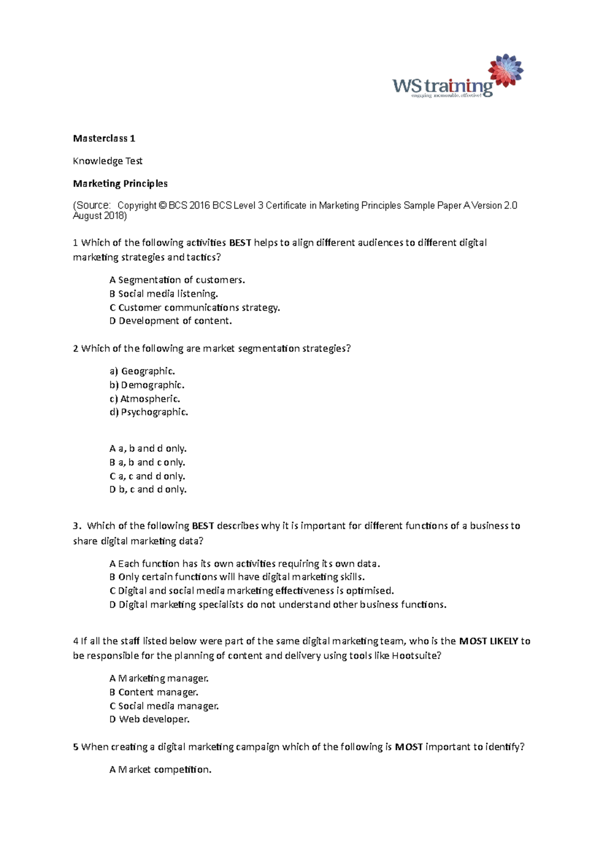 Mc1 Knowledge Test Principles Marketing Principles Revision 3190500 Masterclass 1 Knowledge