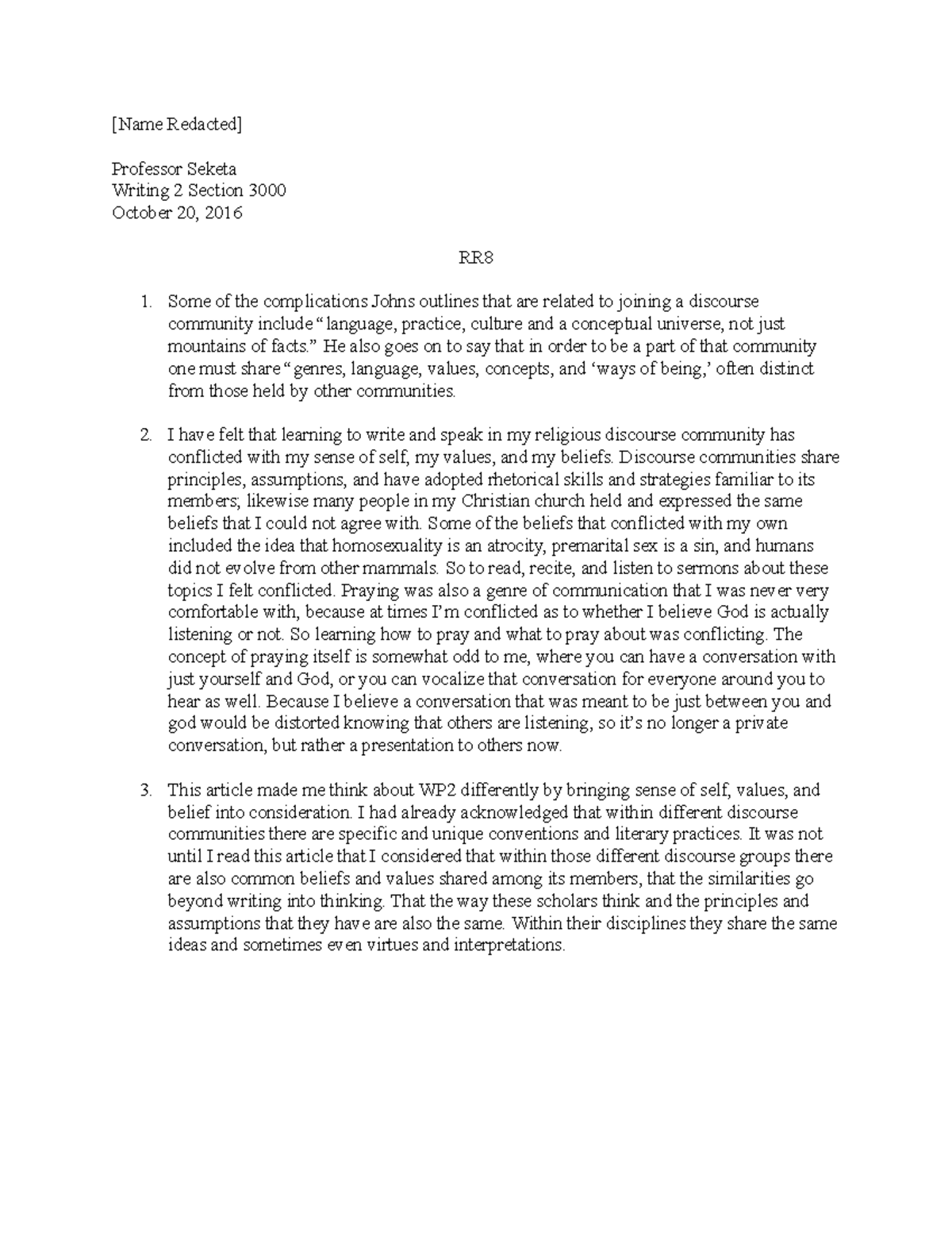 RR8 - Professor Seketa Writing 2 Section 3000 October 20, 2016 - [Name ...