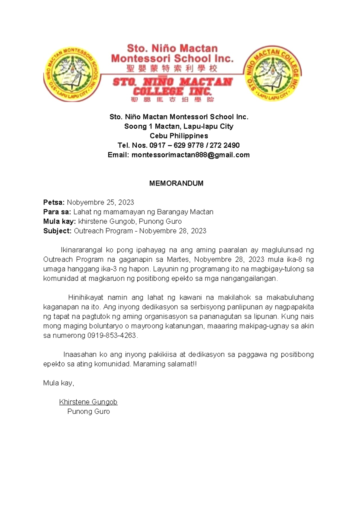 Memorandum - THE SUBJECT IS ACTUALLY FILIPINO SA PILING LARANGAN - Sto ...
