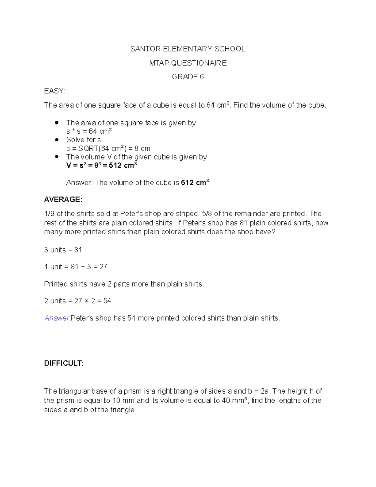 MTAP Questions - MTAP - SANTOR ELEMENTARY SCHOOL MTAP QUESTIONAIRE ...