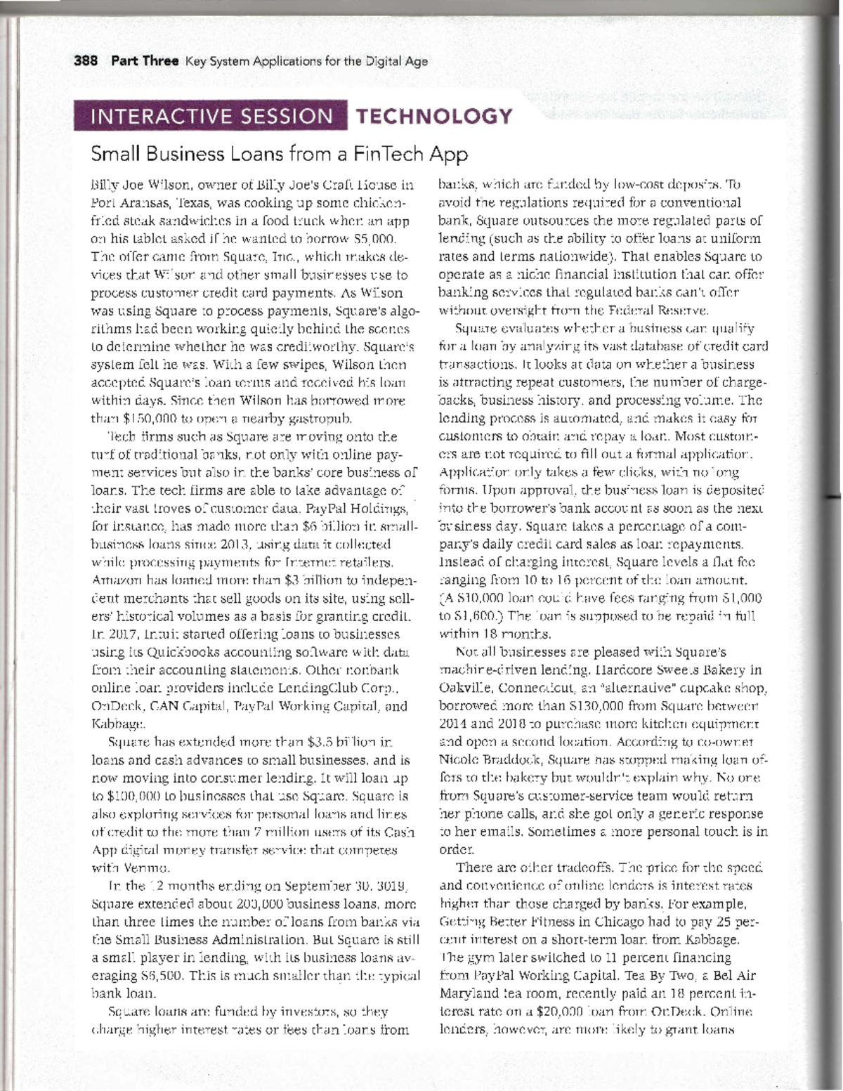 Case 6 - Small Business Loans from a Fin Tech App - 388 Part Three Key ...