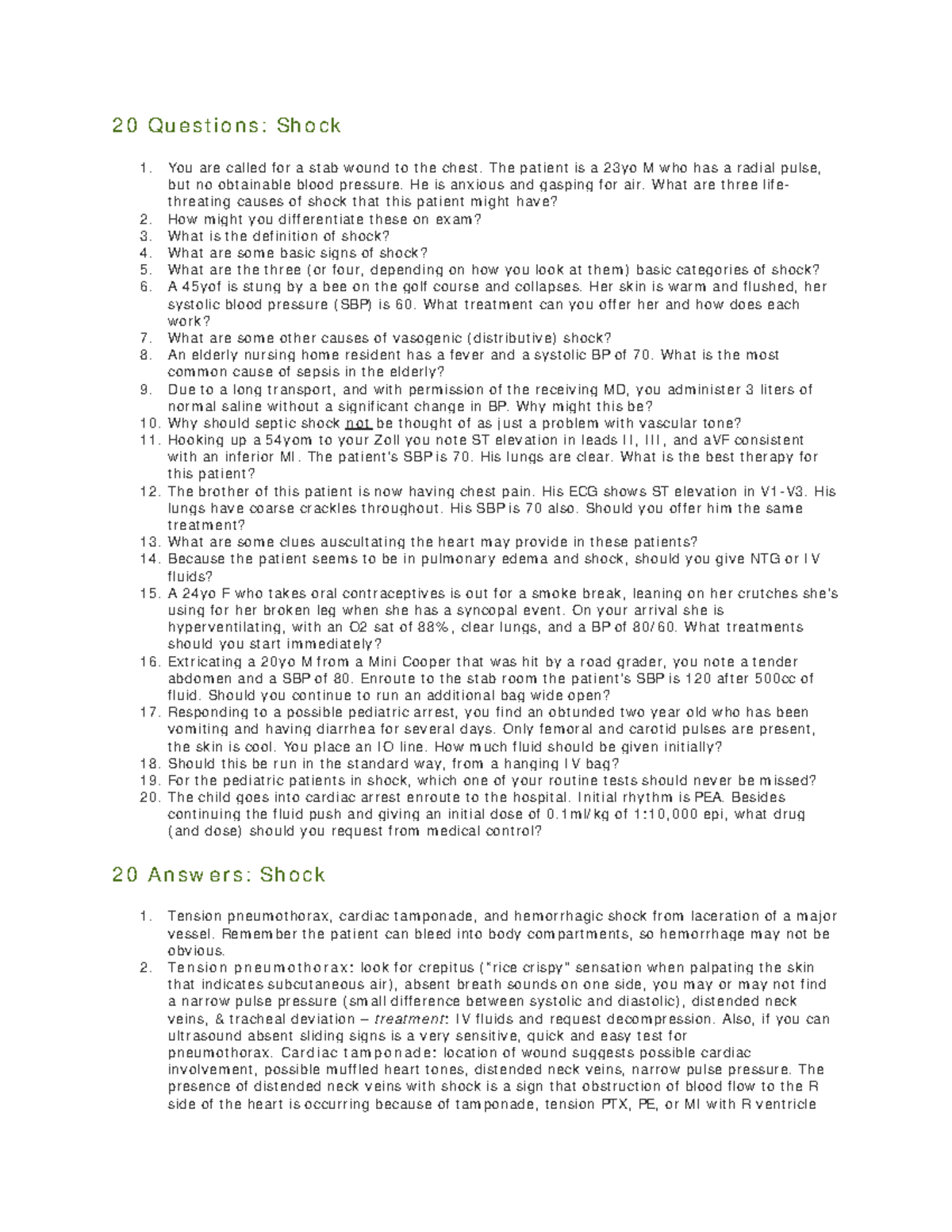 20-Questions-shock - Nursing - 20 Questions: Shock You are called for a stab wound to the chest ...