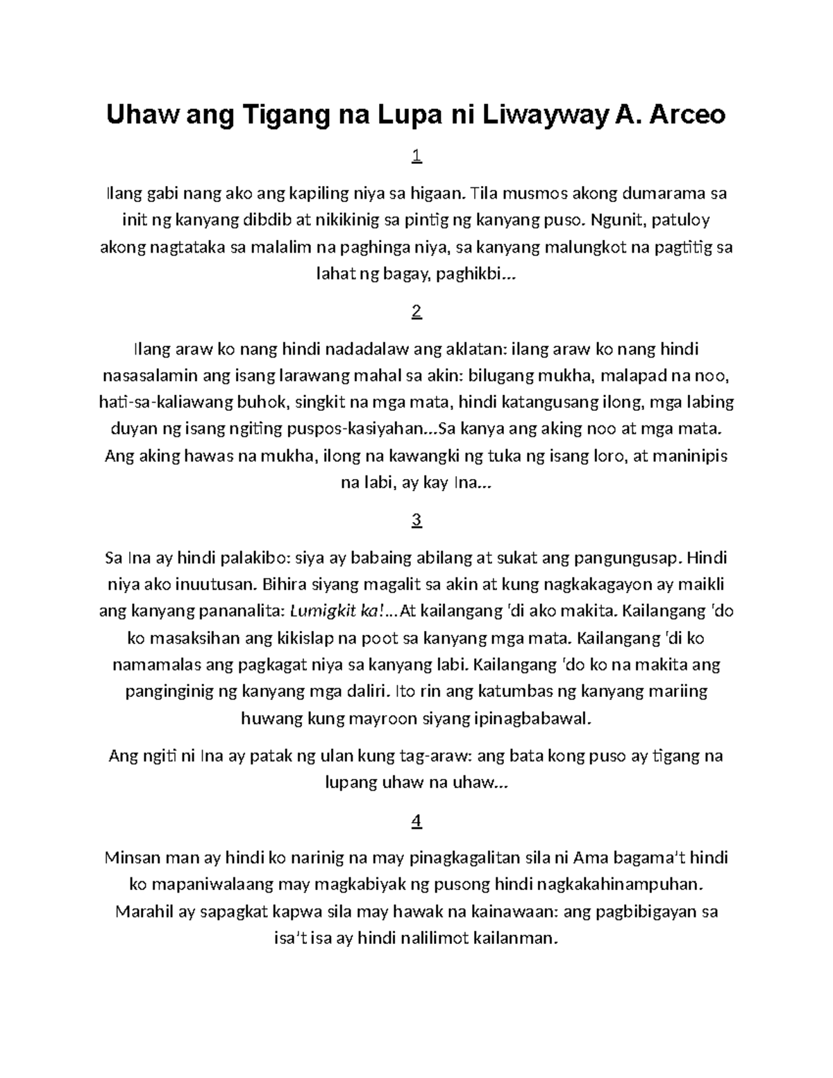 Uhaw ang Tigang na Lupa - Arceo 1 Ilang gabi nang ako ang kapiling niya ...