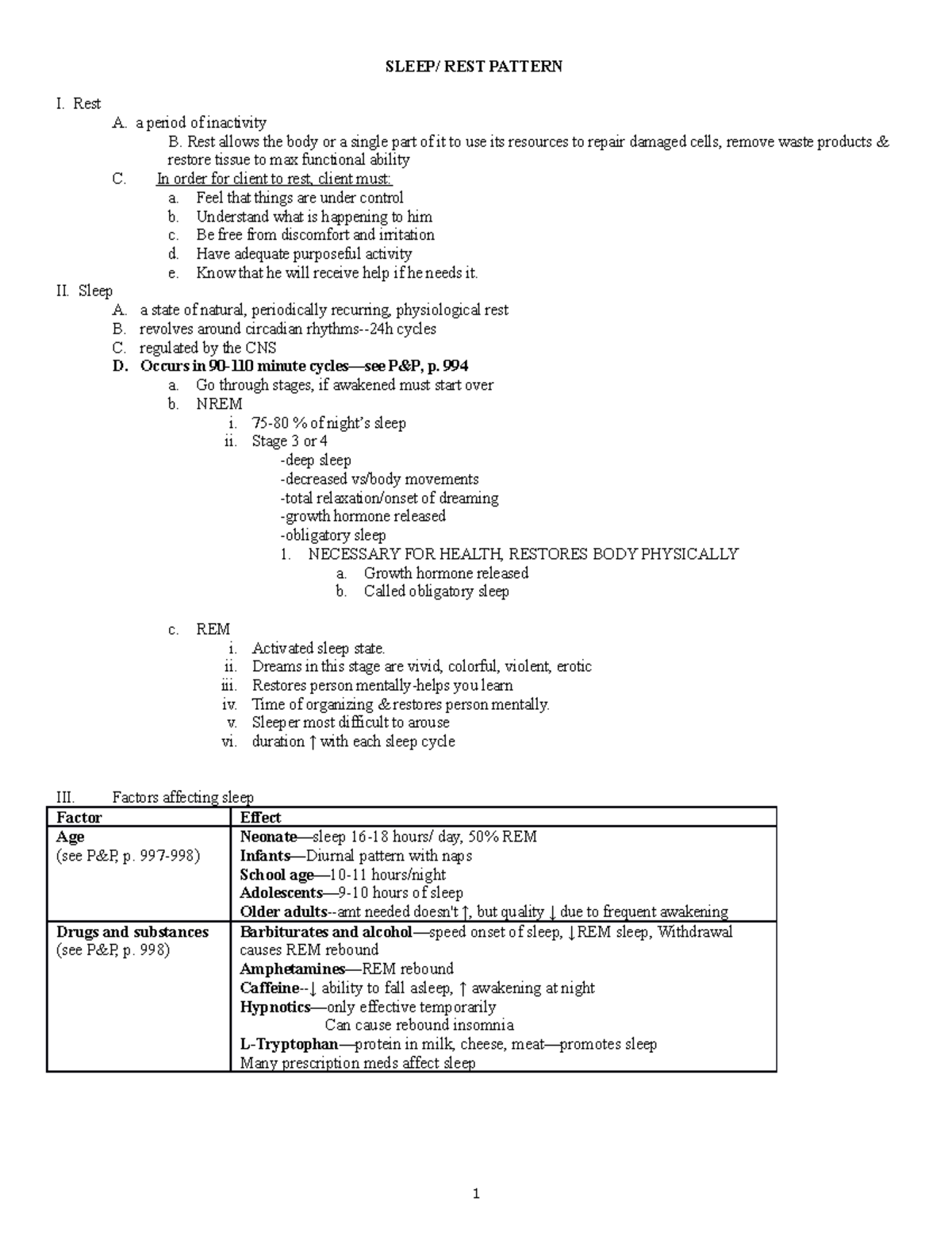 Sleep Handout - SLEEP/ REST PATTERN I. Rest A. a period of inactivity B ...
