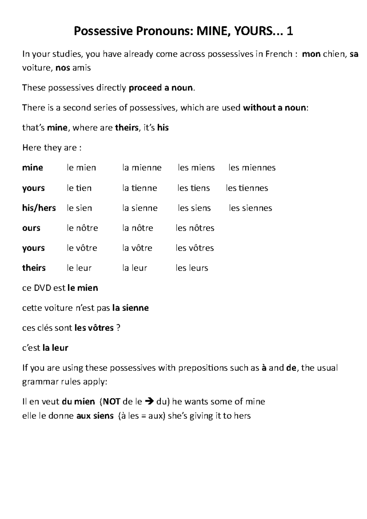 Possessive Pronouns Le Mien - Possessive Pronouns: MINE, YOURS... 1 In ...
