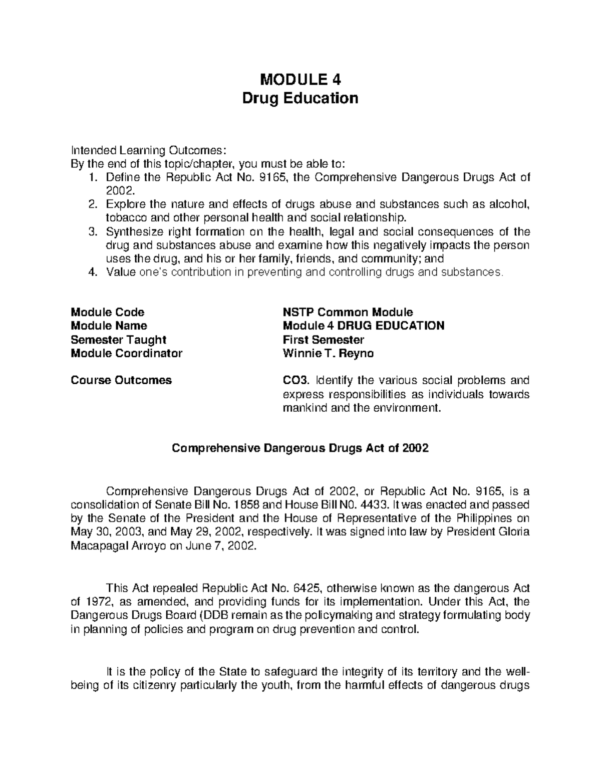 Module 4 Drug Education - MODULE 4 Drug Education Intended Learning ...