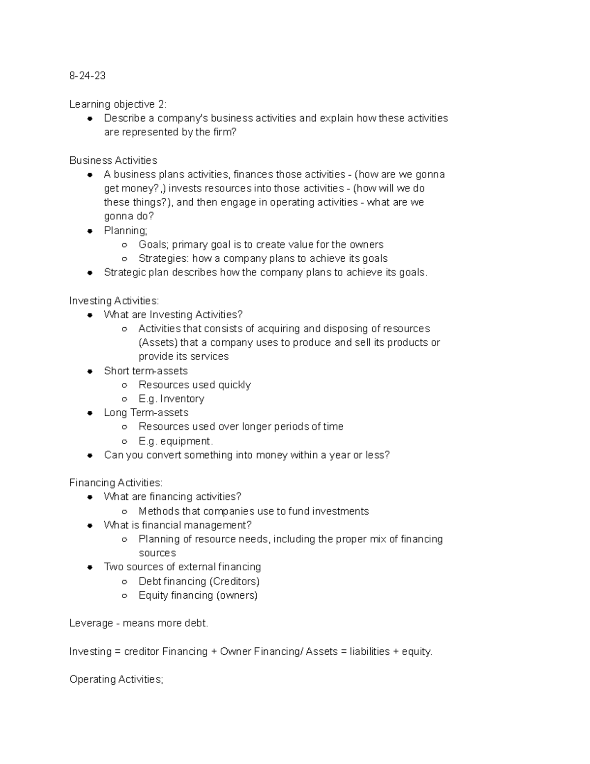 Accounting 211 Notes - 8-24- Learning objective 2: Describe a company's ...