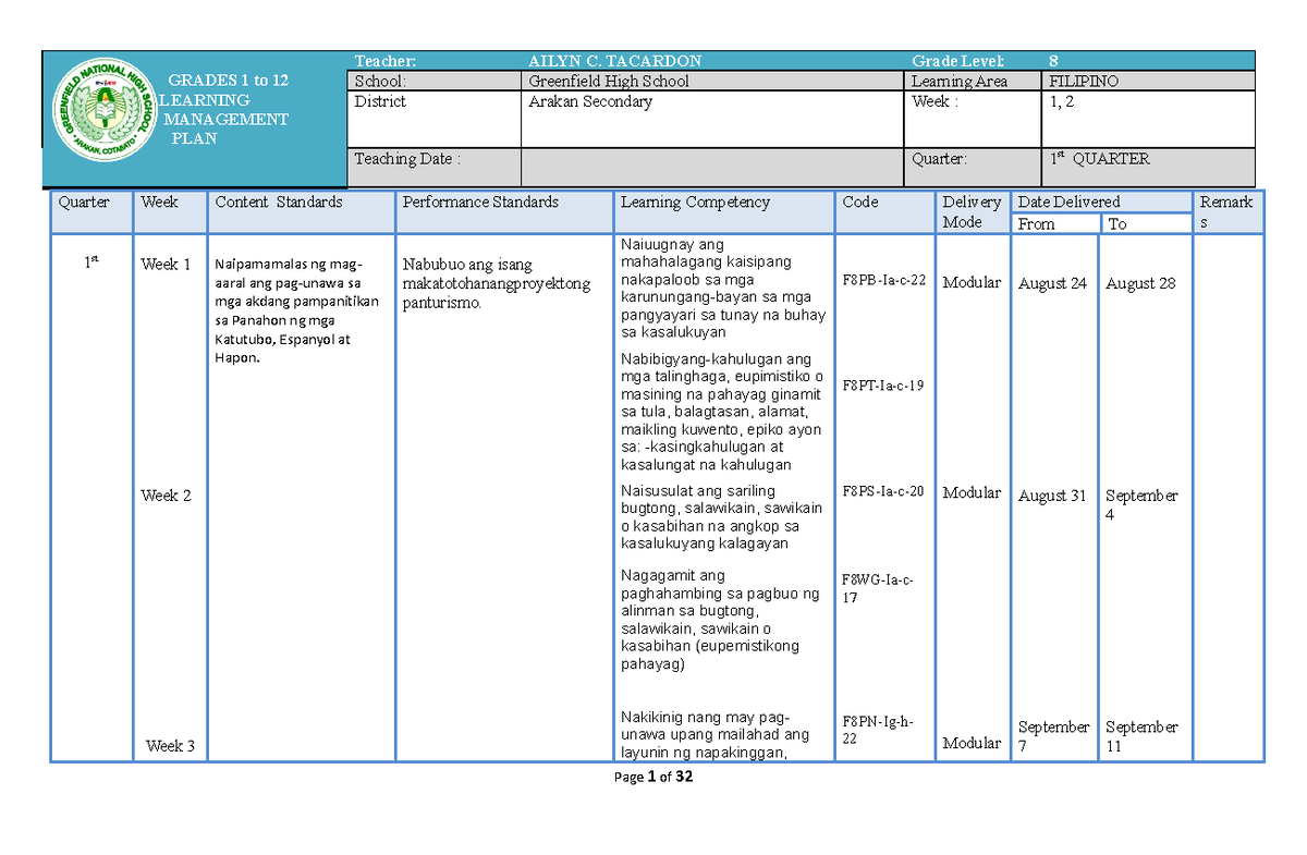 LMP FIL 8 - Learners Monitoring Plan - GRADES 1 to 12 LEARNING ...