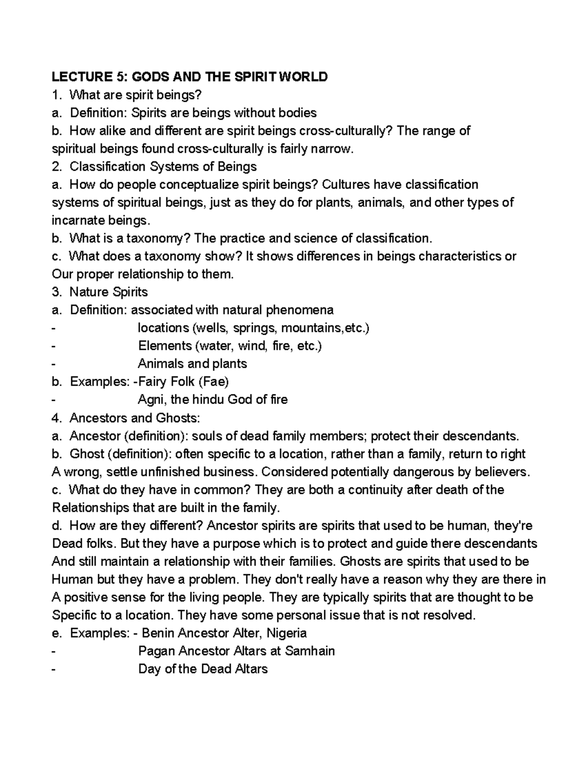 Lecture 5 Notes - LECTURE 5: GODS AND THE SPIRIT WORLD What are spirit ...