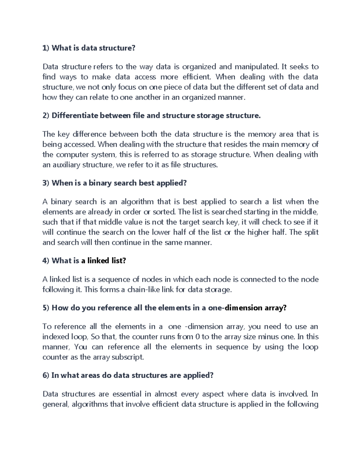 DSA oral questions - 1) What is data structure? Data structure refers ...