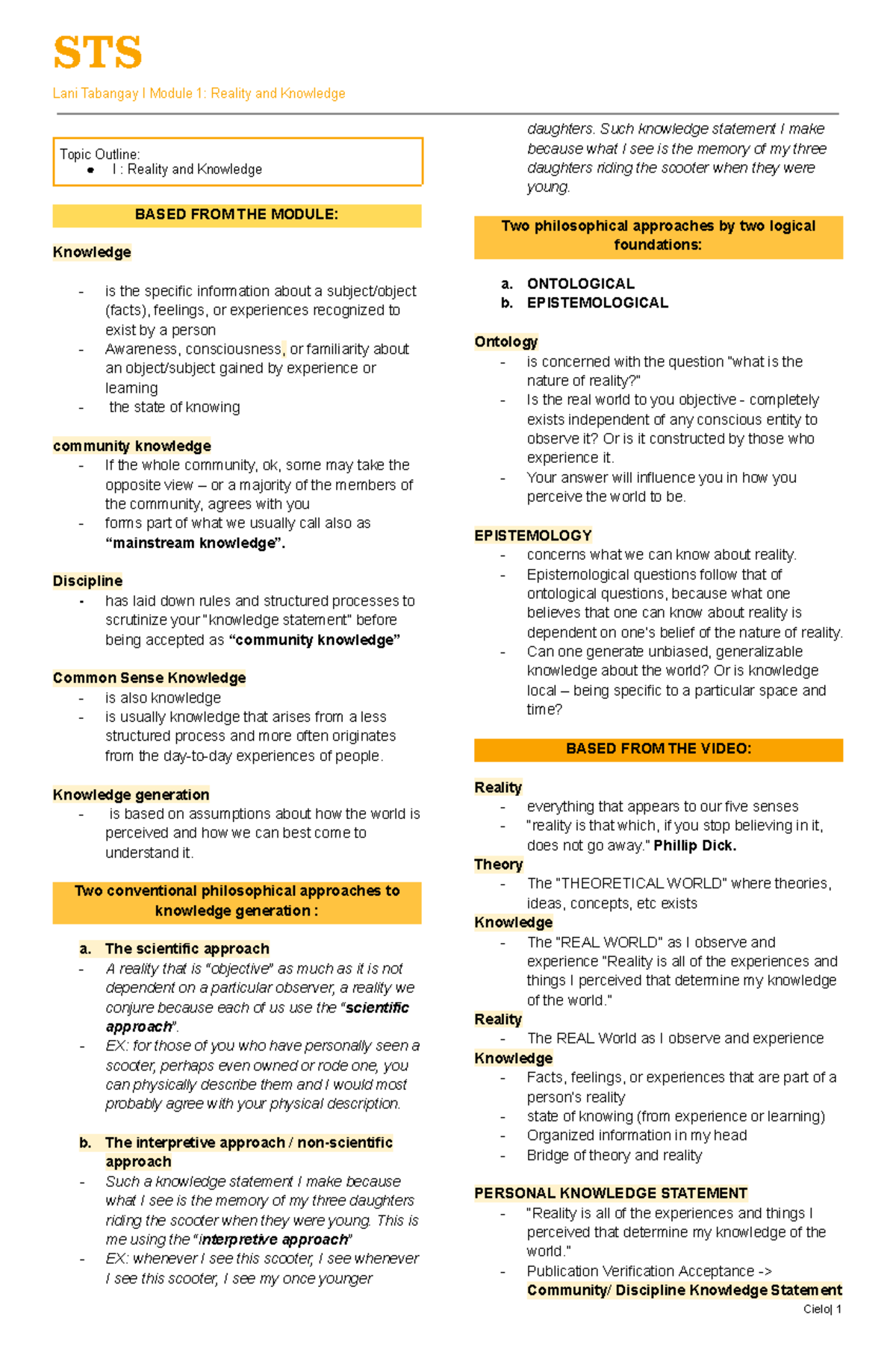 STS- Module-1 - LECTURE - STS Lani Tabangay I Module 1: Reality and ...