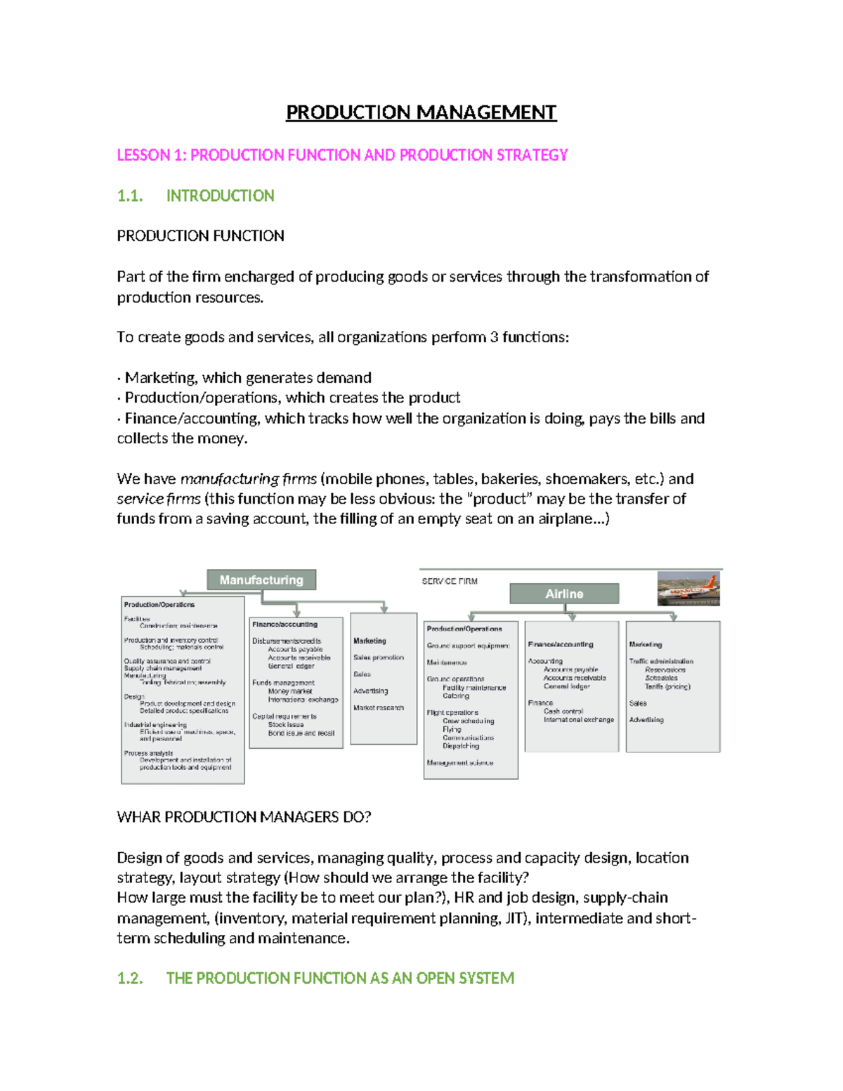 Production Management - PRODUCTION MANAGEMENT LESSON 1: PRODUCTION FUNCTION AND PRODUCTION ...