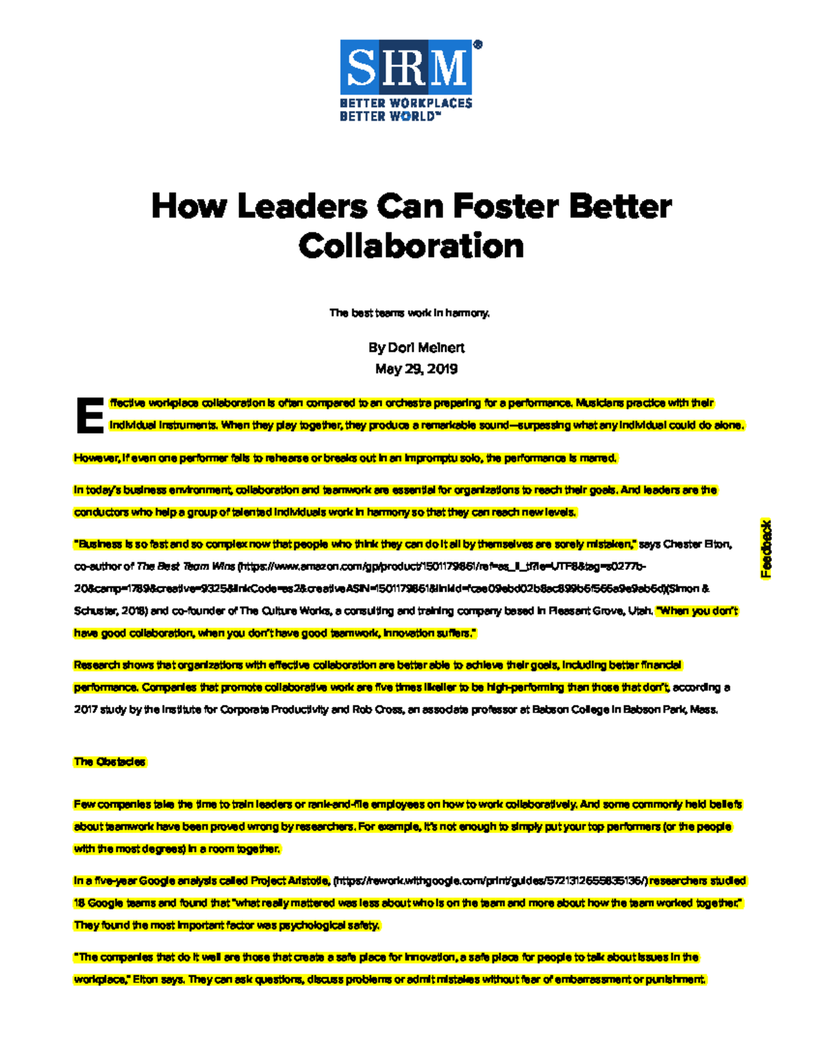 CH 13 Collaboration - Lecture notes - E How Leaders Can Foster Better ...