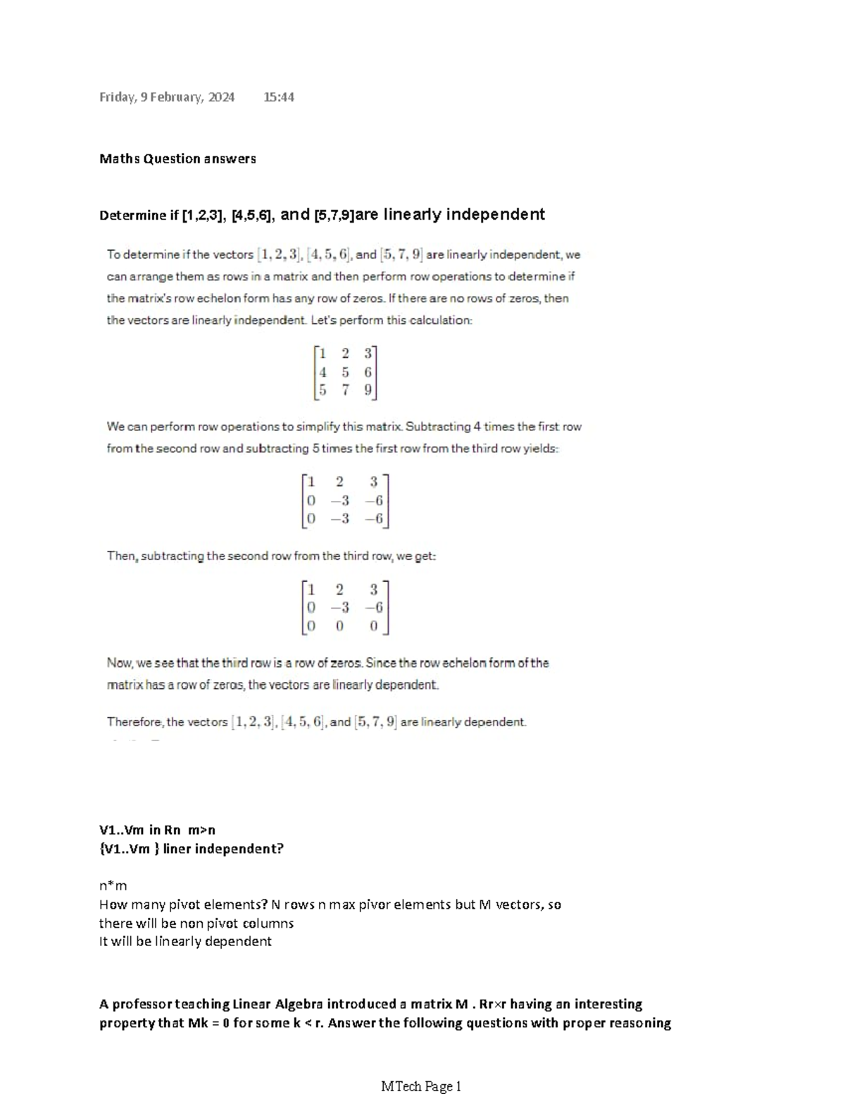Maths Answersheet - Maths Question answers Determine if [1,2,3], [4,5,6], and [5,7,9]are ...