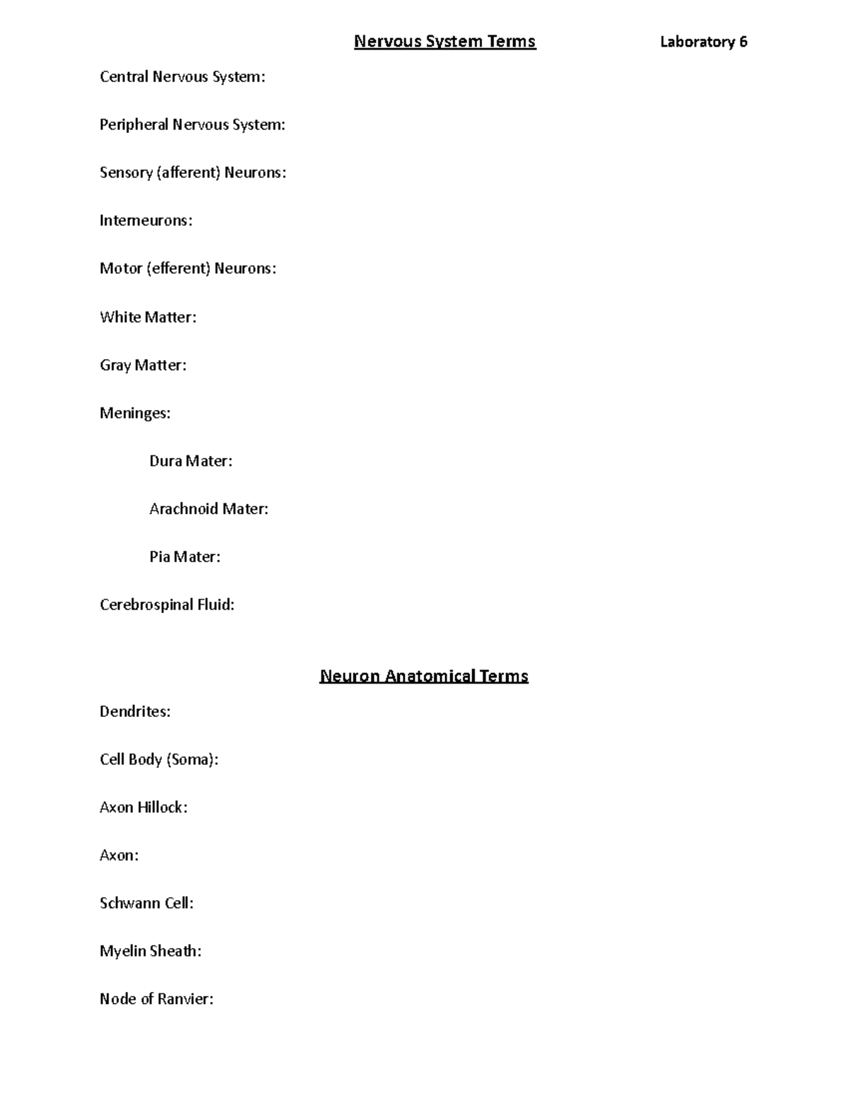 Nervous Tissue, CNS Outline 4-5-21 - Nervous System Terms Laboratory 6 ...